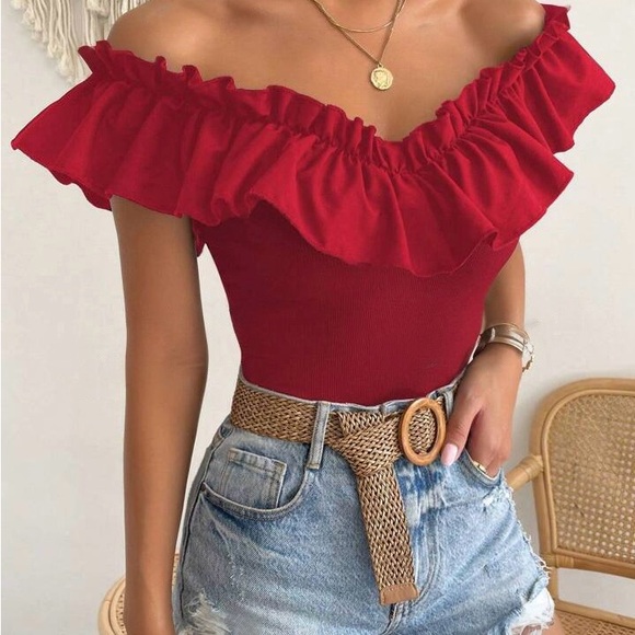 Tops | Red Off The Shoulder Ruffle Blouse | Poshmark